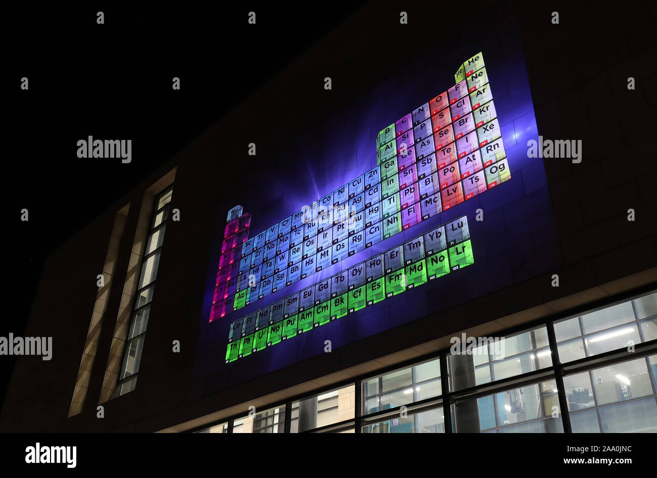 A light display at Newcastle University showing the Periodic Table ...