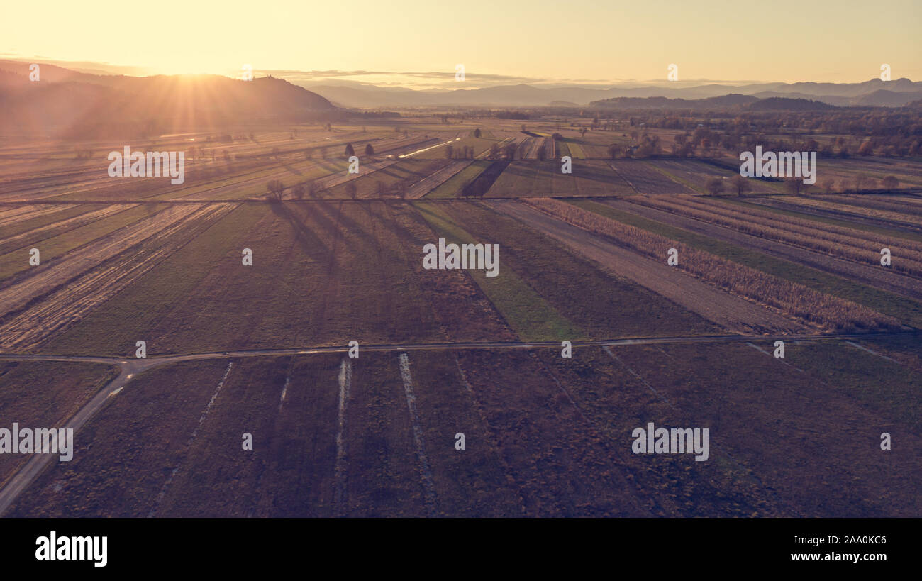Aerial view of autumn fields at sunset Stock Photo - Alamy