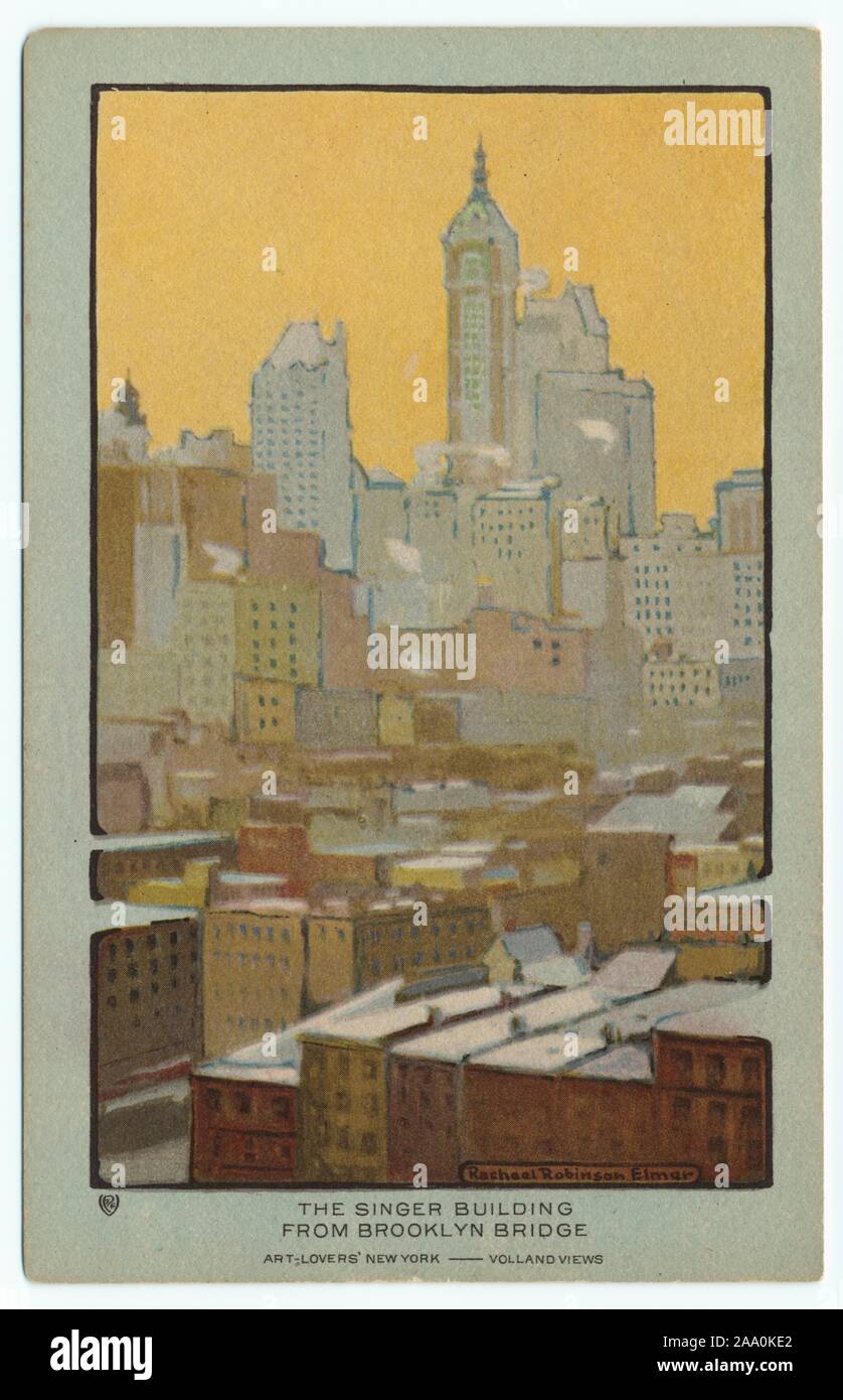 Illustrated postcard of The Singer Building seen from the Brooklyn ...