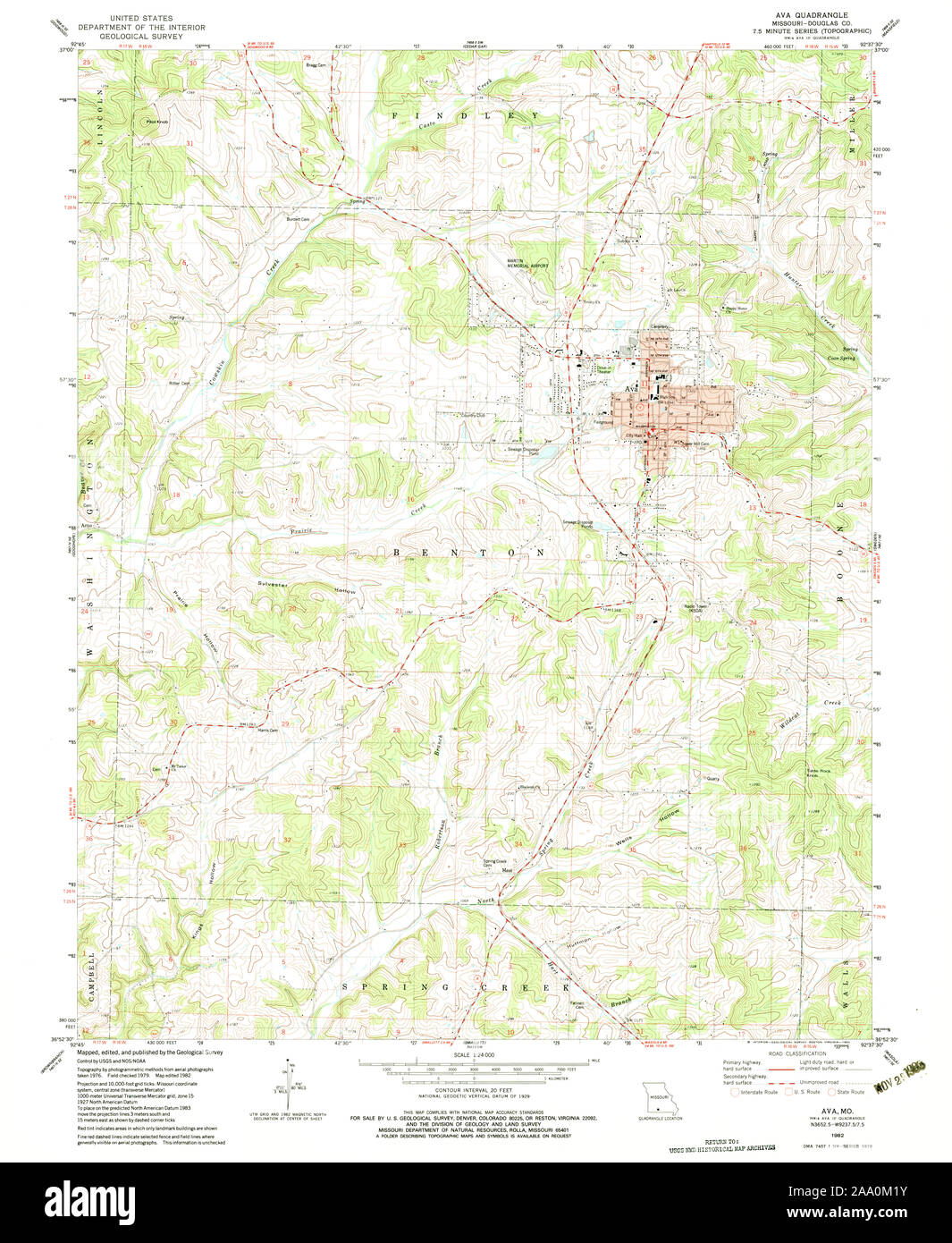 USGS TOPO Map Missouri MO Ava 321892 1982 24000 Restoration Stock Photo ...