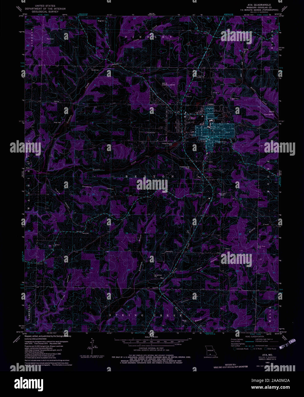 USGS TOPO Map Missouri MO Ava 321892 1982 24000 Inverted Restoration ...