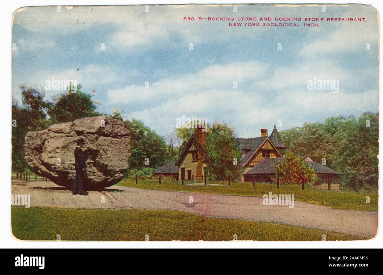 Illustrated postcard of a zookeeper standing by the Rocking Stone with ...