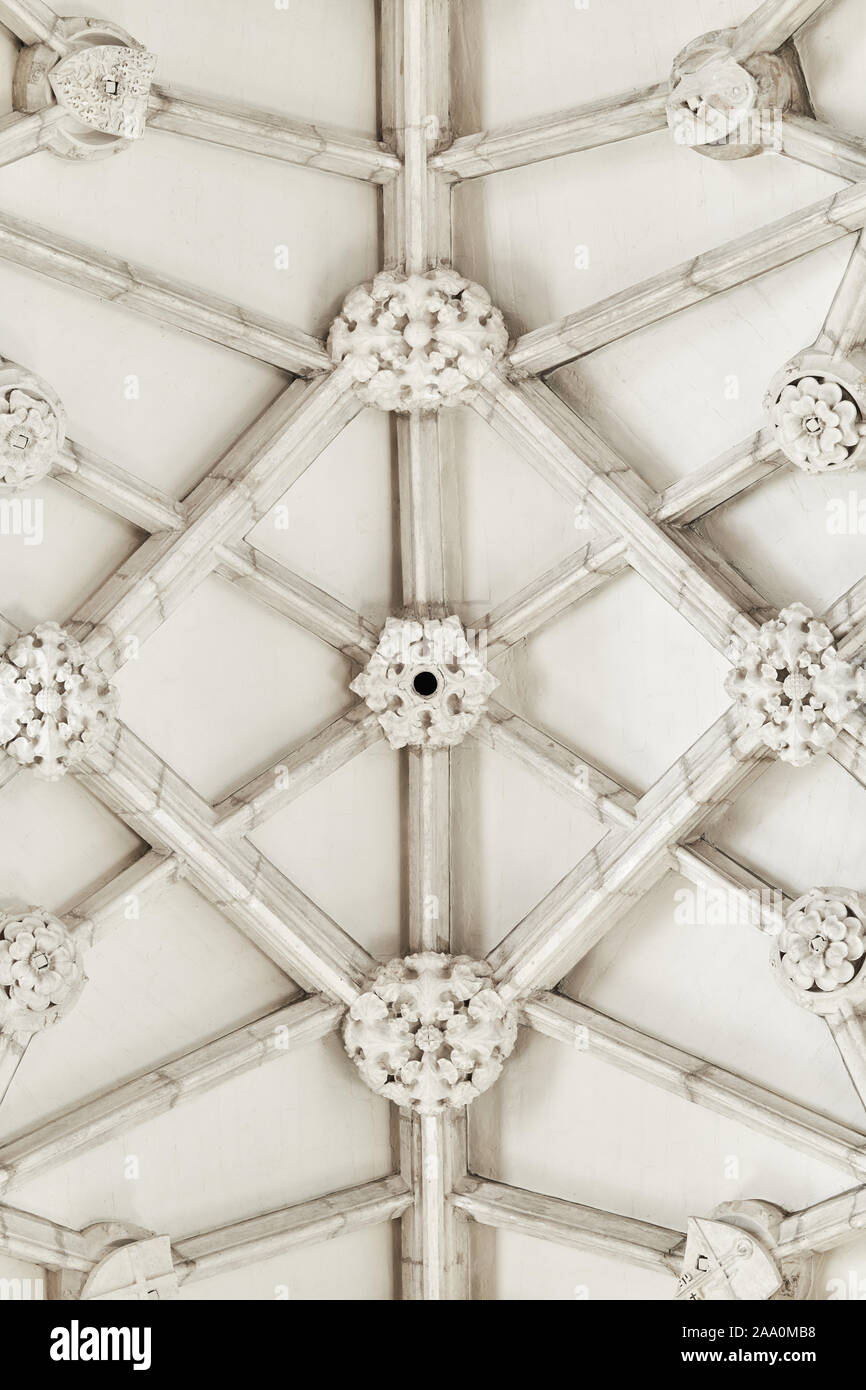 Decorated, carved stone bosses on the ceiling of the english medieval ...