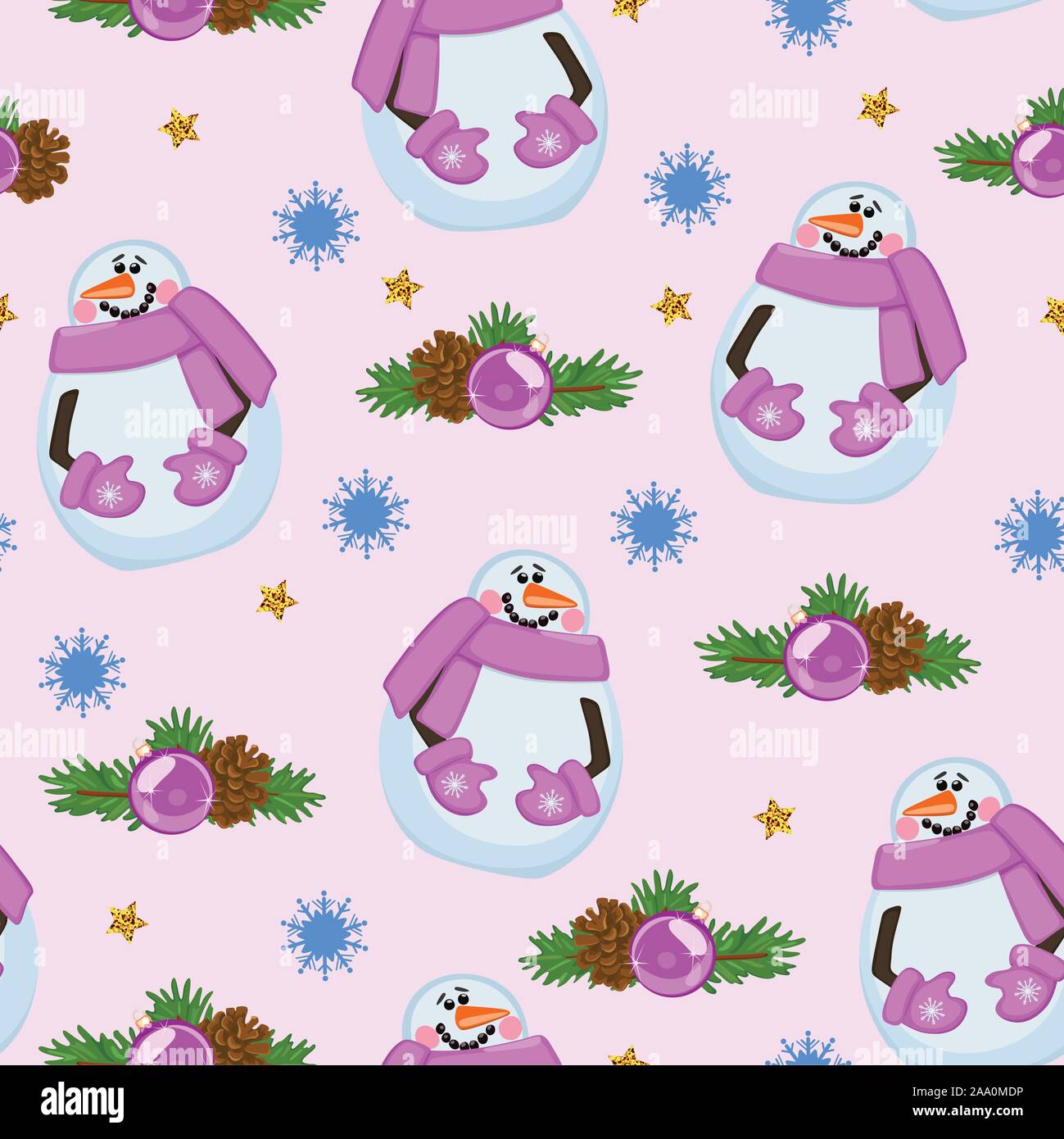 Seamless pattern with snowmen, snowflakes and fir branches. Vector ...