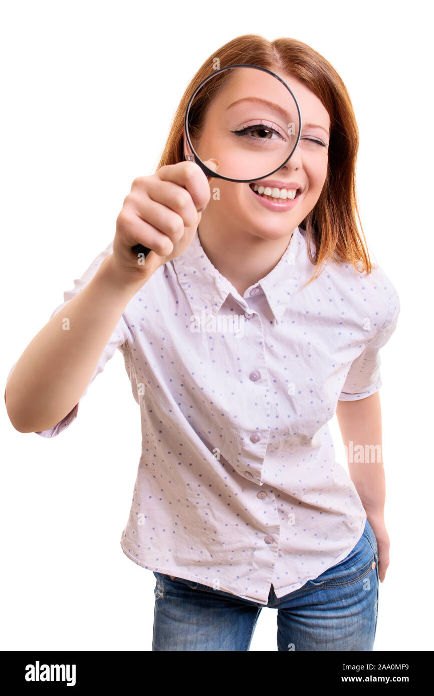 Woman magnifier lens on eye hi-res stock photography and images - Alamy