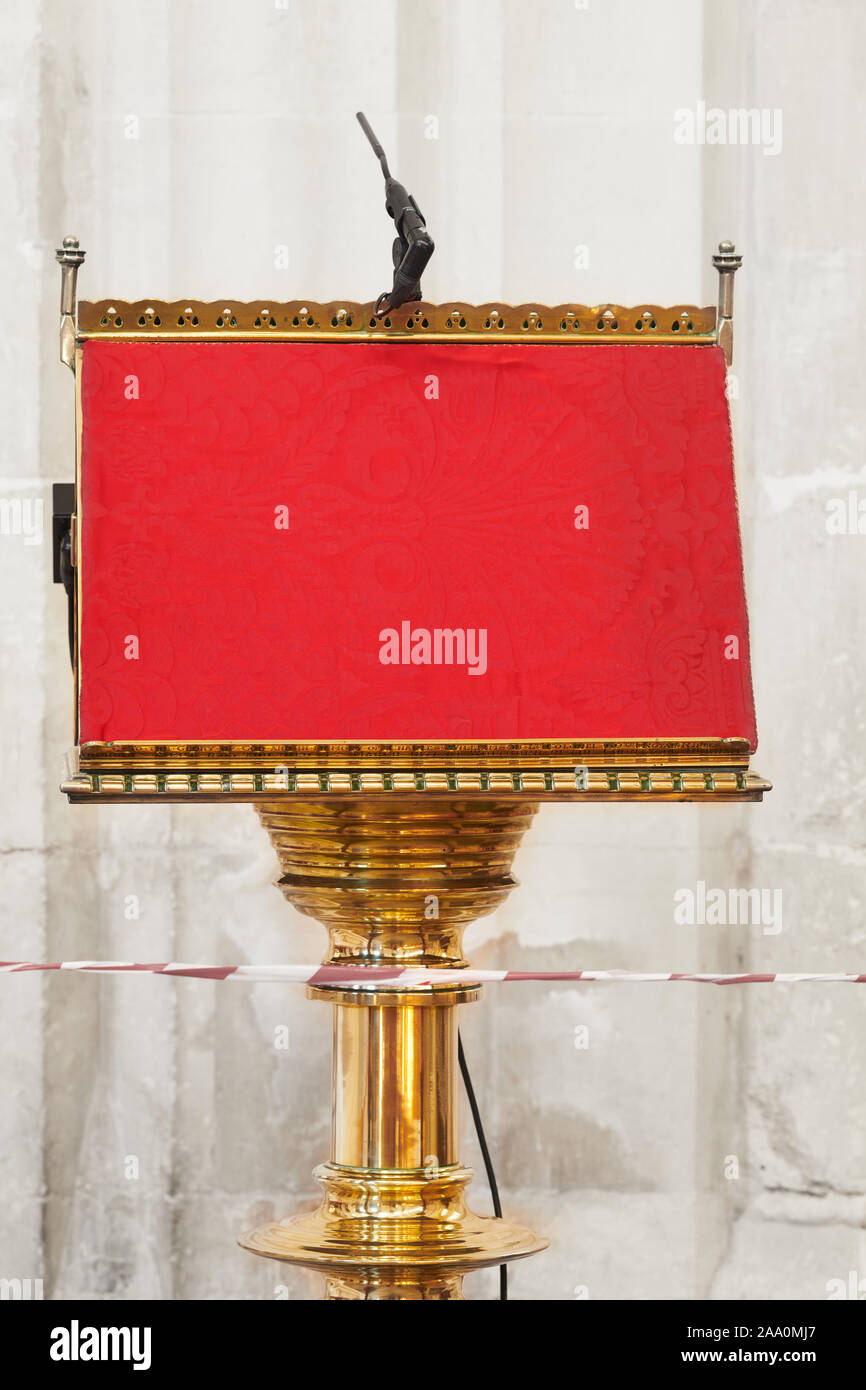 Red cloth covering the lectern in the english medieval cathedral at ...