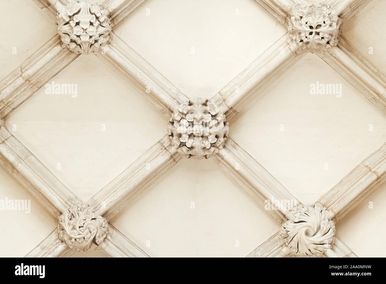 Decorated, carved stone bosses on the ceiling of the english medieval ...