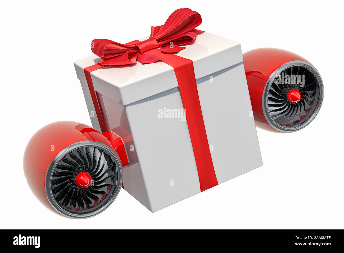 Gift box with jet engines. Gift fast delivery concept, 3D rendering ...