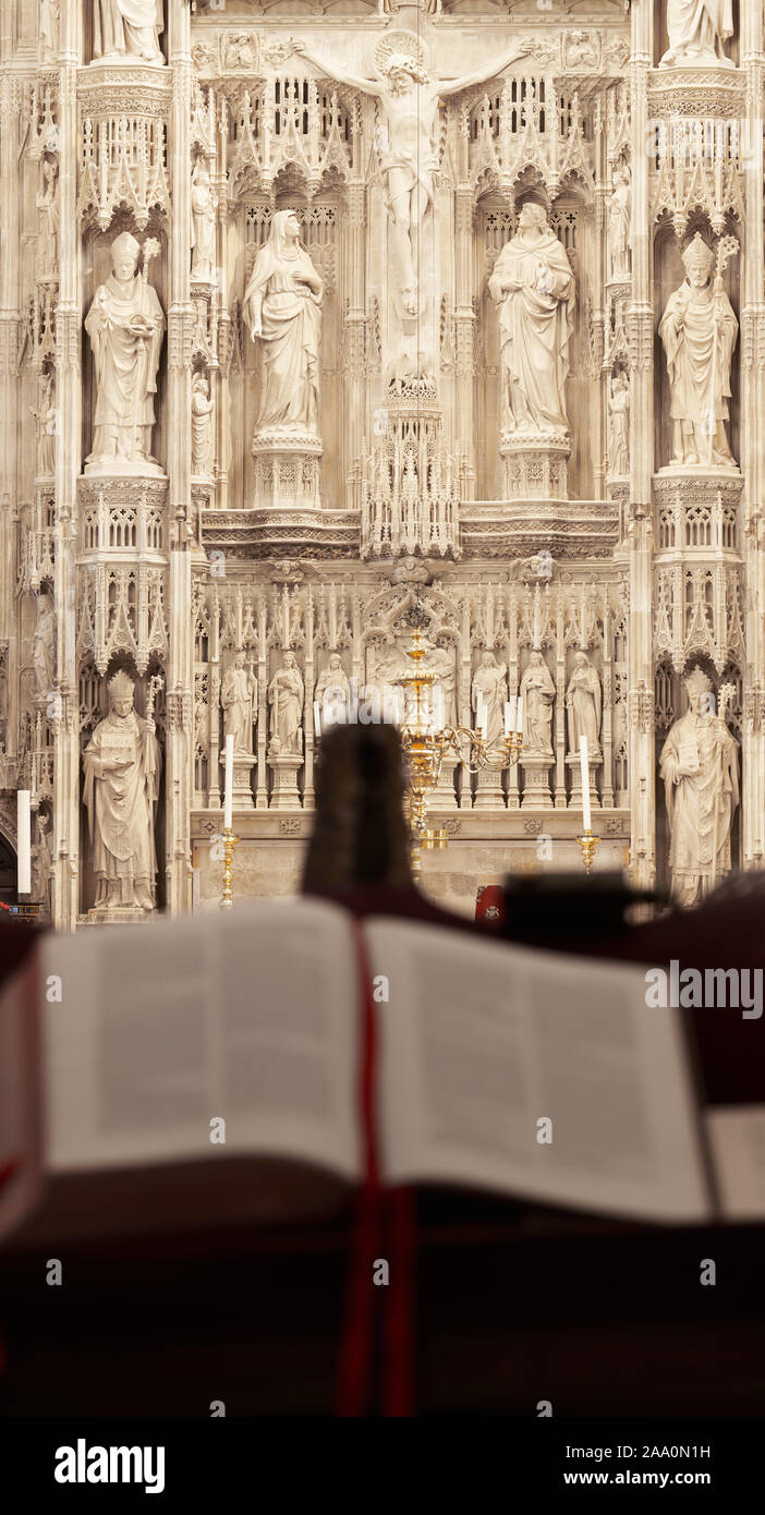 Crucixion of Jesus Christ carved in stone on the reredos in the english ...