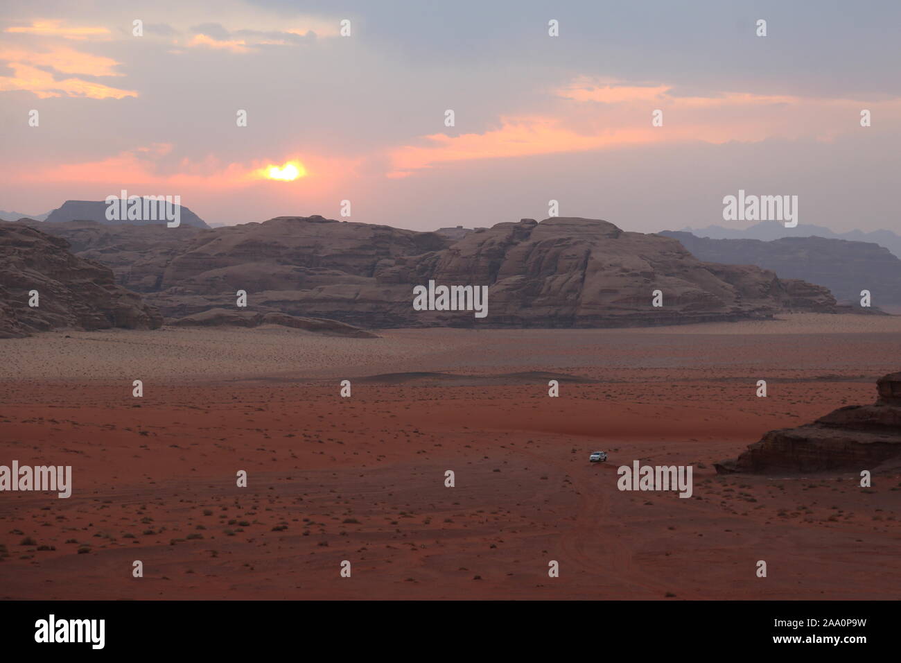 Sunset over Wadi Rum Protected Area, Aqaba Governorate, Jordan, Middle ...