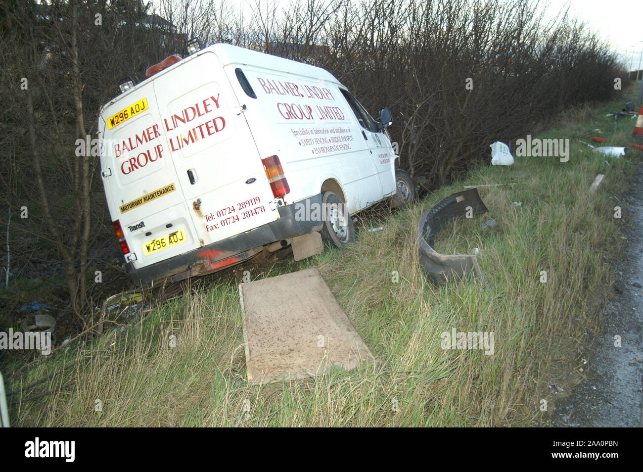 road traffic collision, white van crash on motorway Stock Photo - Alamy