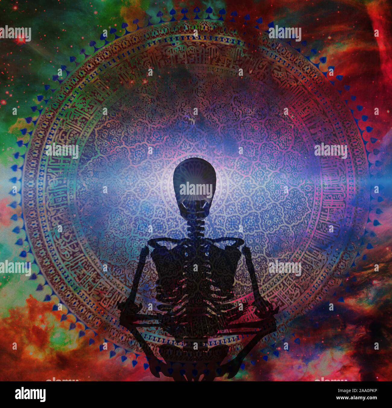 Skeleton in lotus position sits before endless spaces. Meditation Stock ...