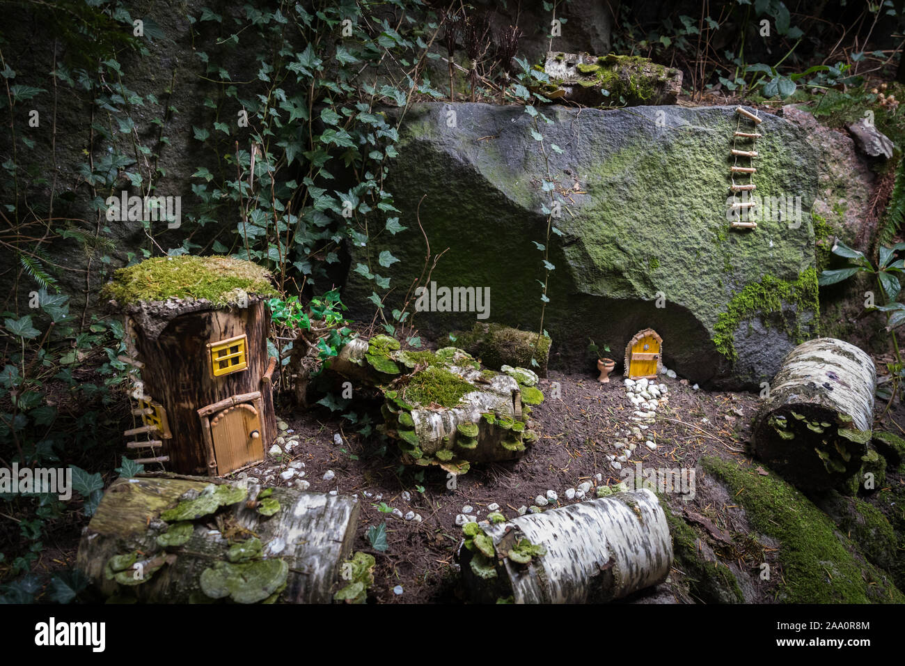 Cute little fairy tale scenery with wood chock house ladder and door in ...