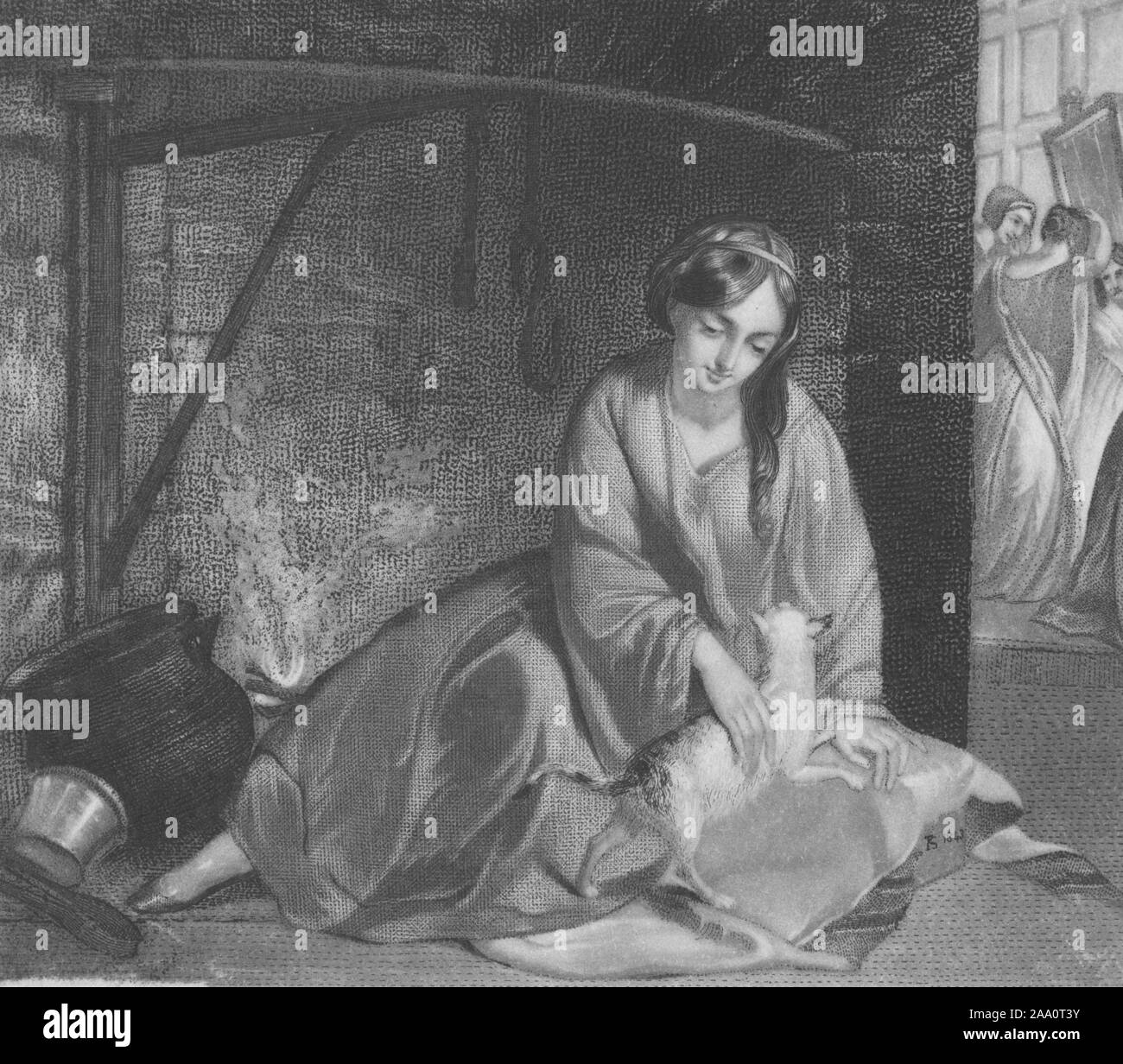 Monochrome illustration of Cinderella sitting in an empty fireplace ...