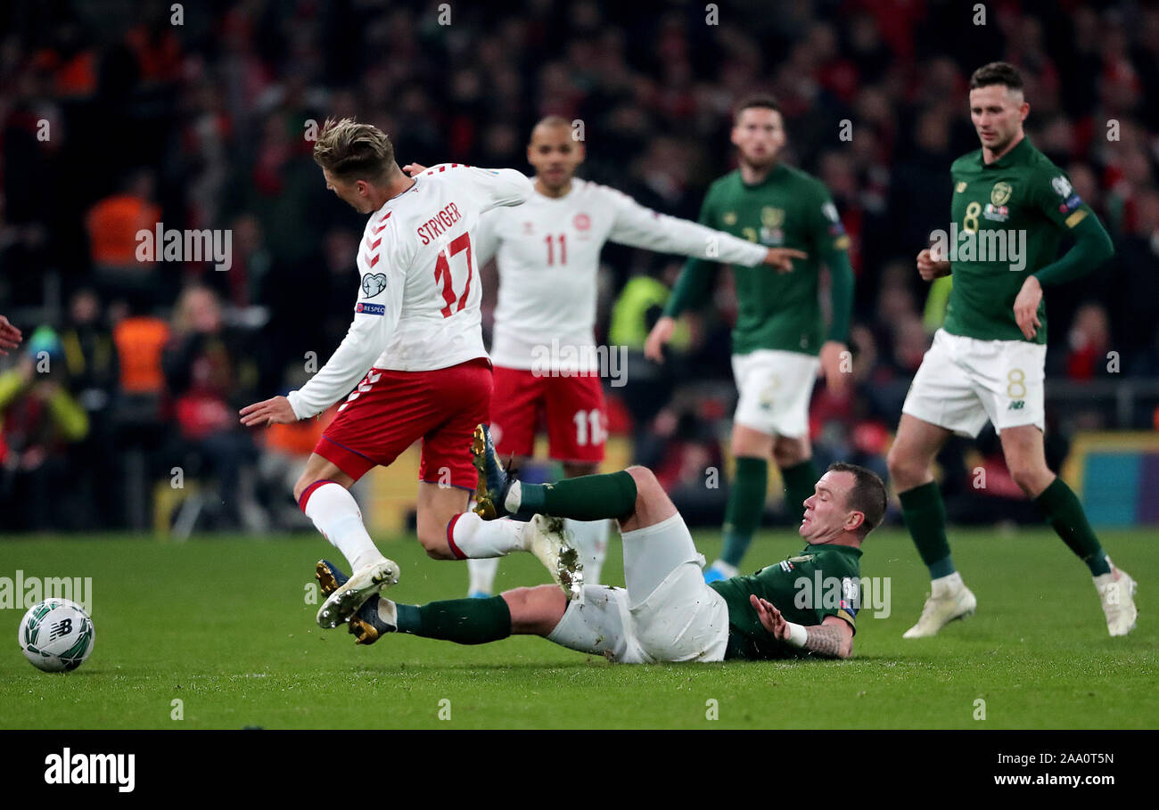 Republic of Ireland's Glenn Whelan fouls Denmark's Jens Stryger Larsen ...