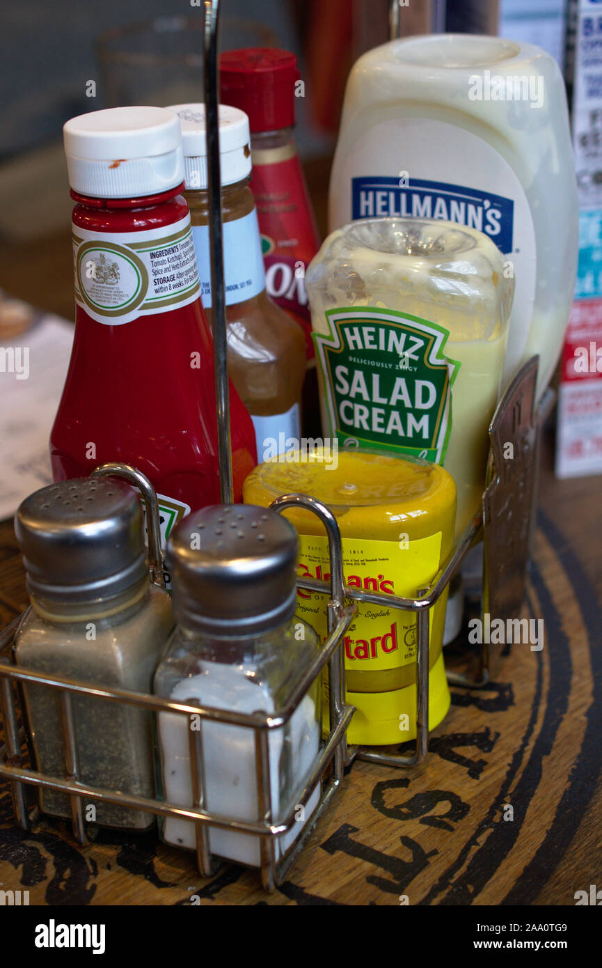 Aberystwyth Ceredigion/UK November 11 2019: Food condiments in a carry ...