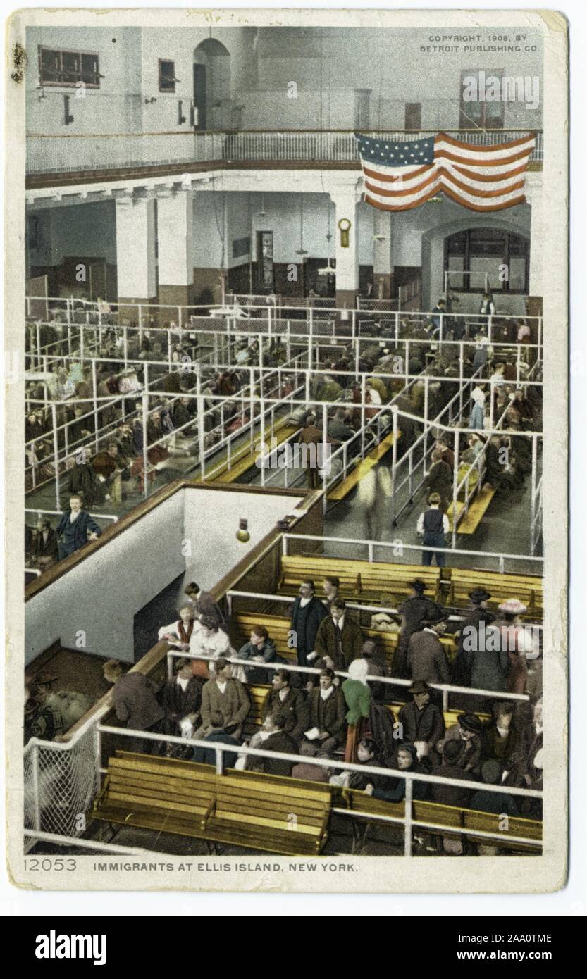 Illustrated postcard of immigrants waiting at the Ellis Island ...