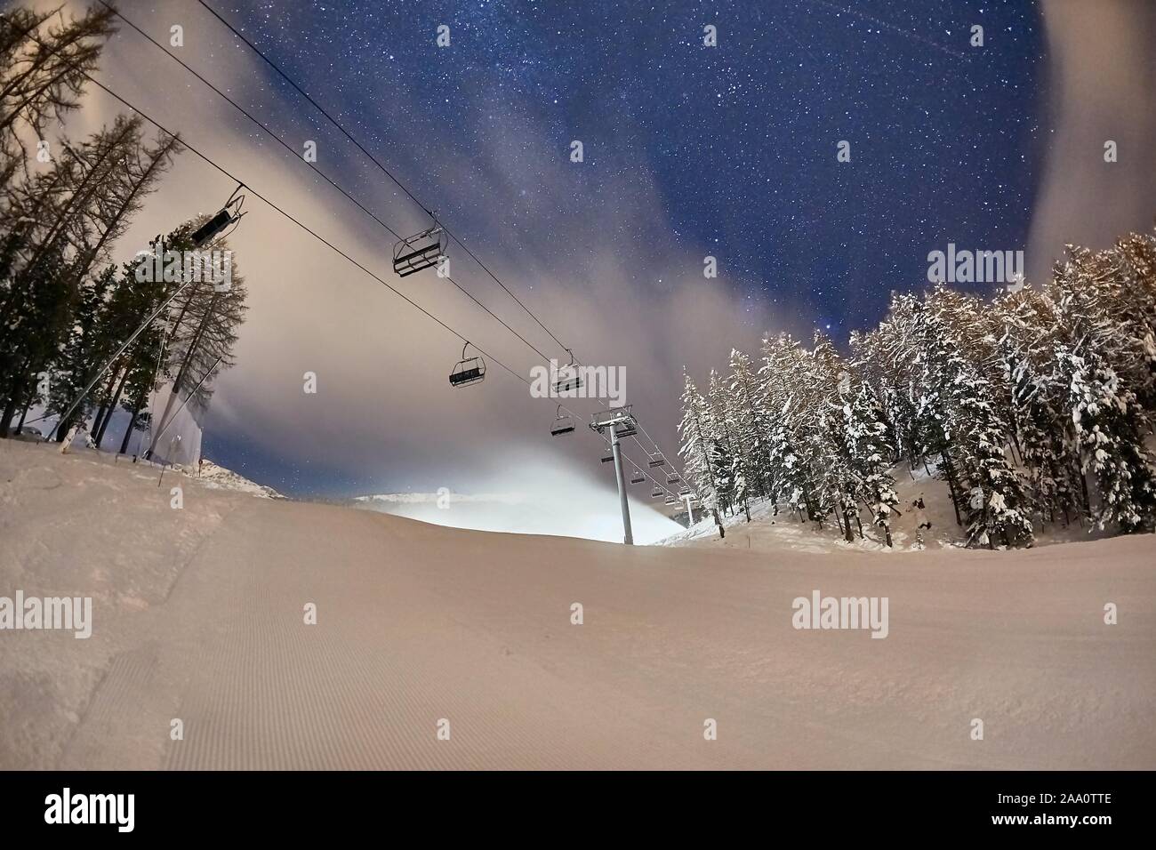 Ski lift at night under the stars in the sky Stock Photo - Alamy