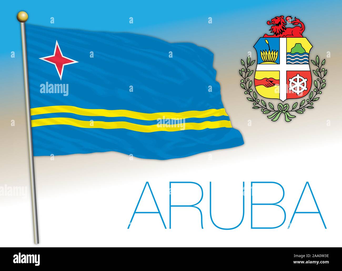 Aruba island national flag and coat of arms, vector illustration Stock ...