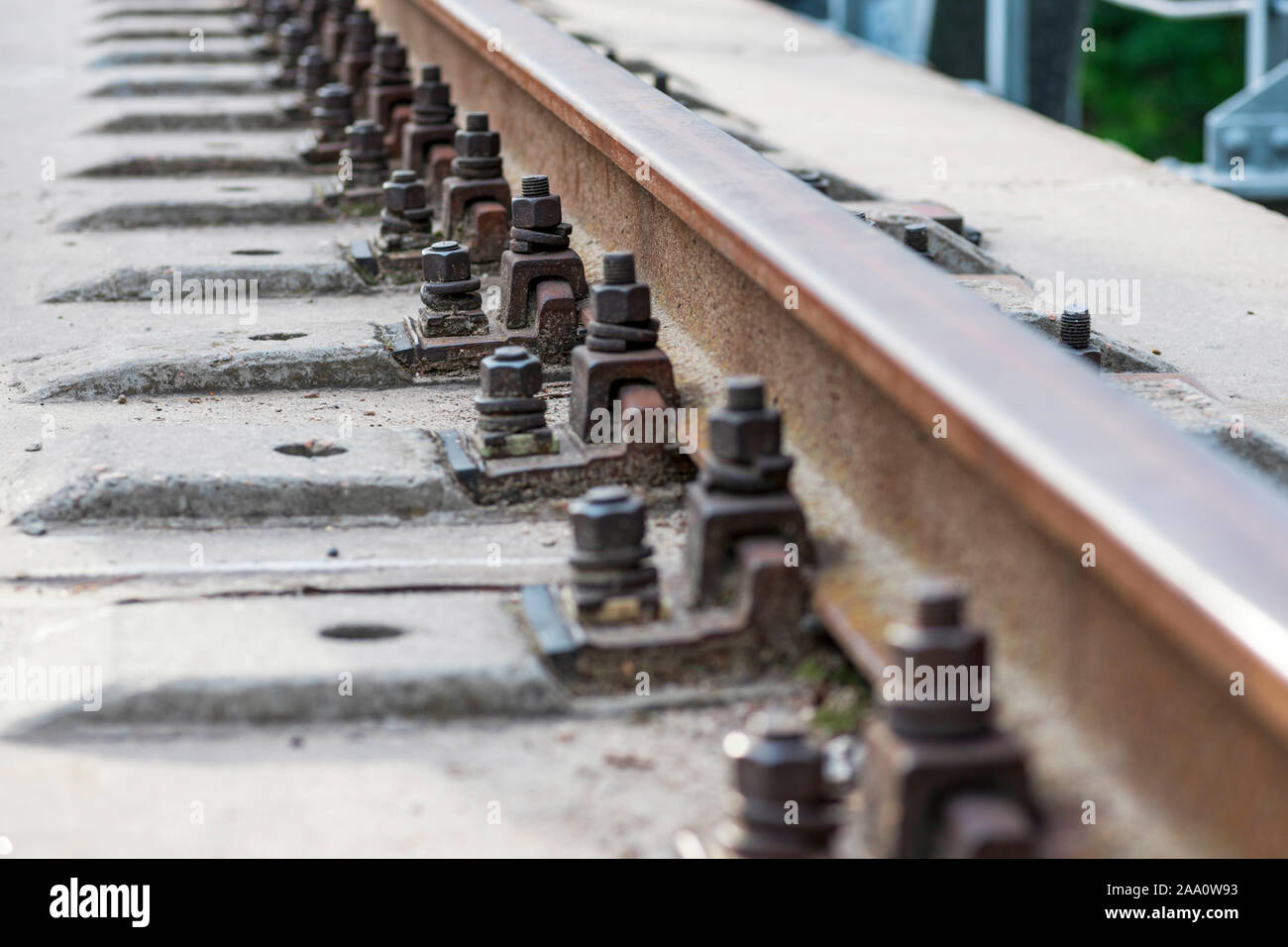 Train comming. Railway track. Railway sleepers and rails close-up. Iron ...