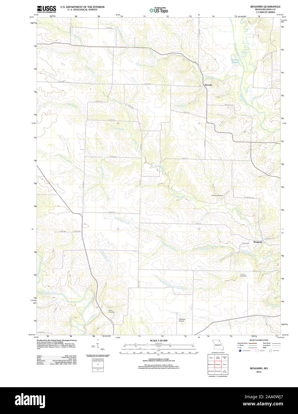 USGS TOPO Map Missouri MO Benjamin 20120202 TM Restoration Stock Photo ...