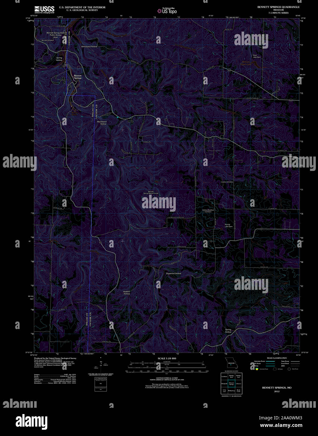USGS TOPO Map Missouri MO Bennett Springs 20120124 TM Inverted ...