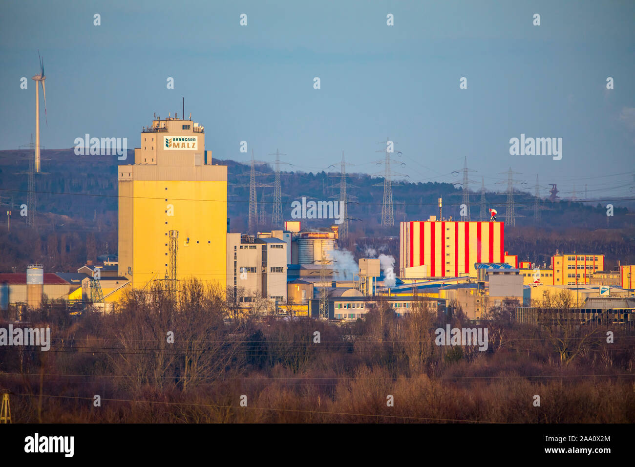 view over the city harbour of Gelsenkirchen, to the Hoheward slagheap ...