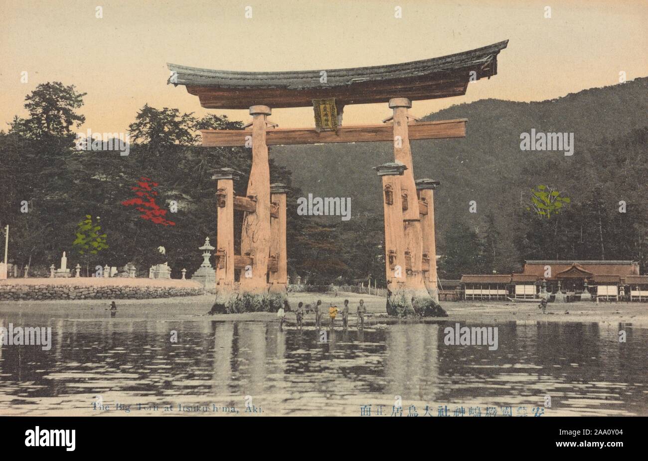 Illustrated postcard of the big torii gate at Itsukushima Shrine ...