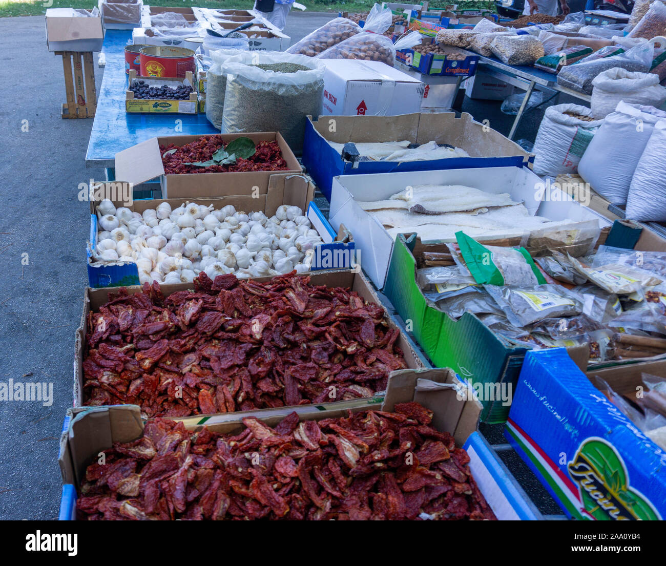 A stall at a weekend street market in Cefalú, selling a wide selection ...