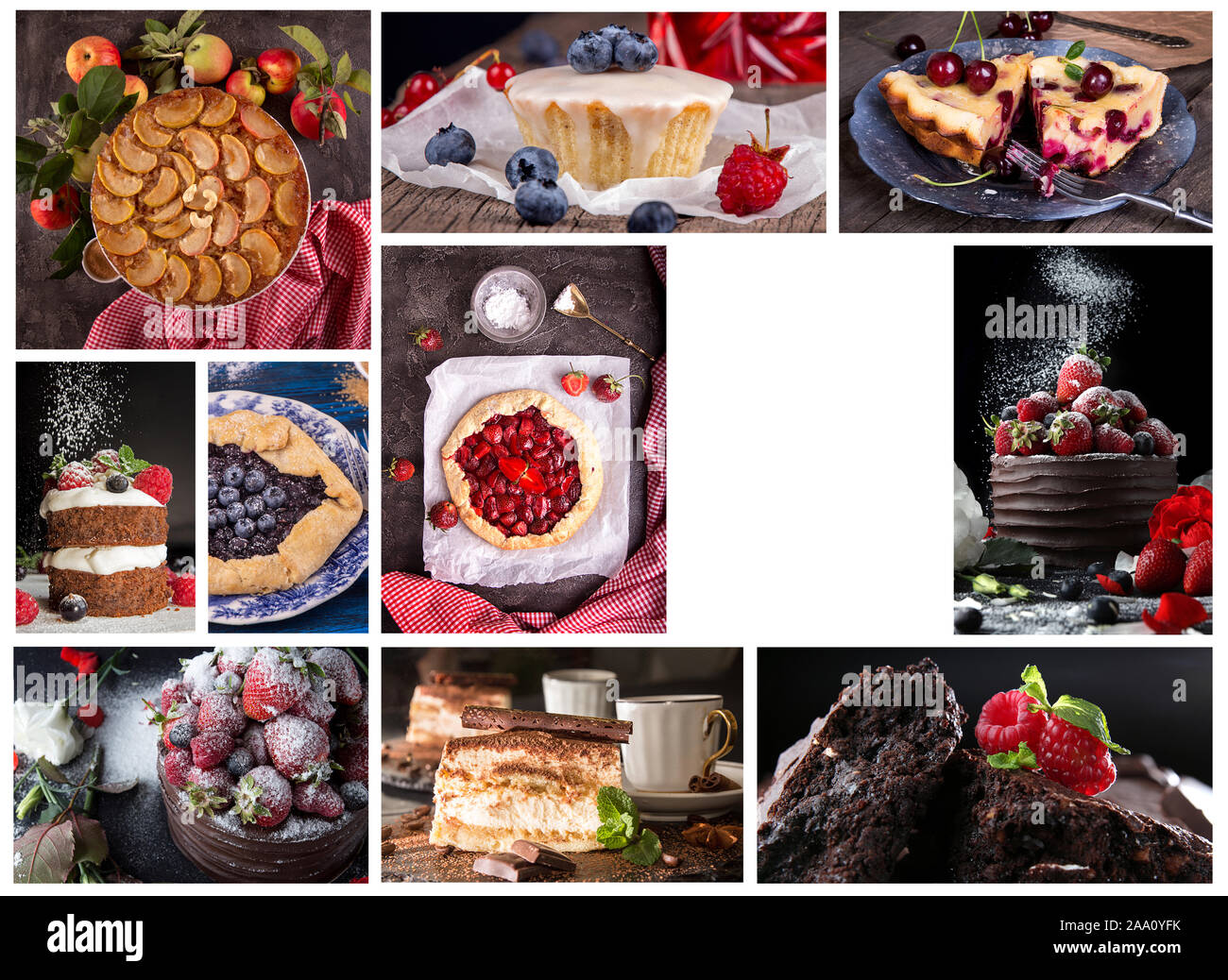 Food set collage of various pictures of pastry sweet pie cake muffin ...
