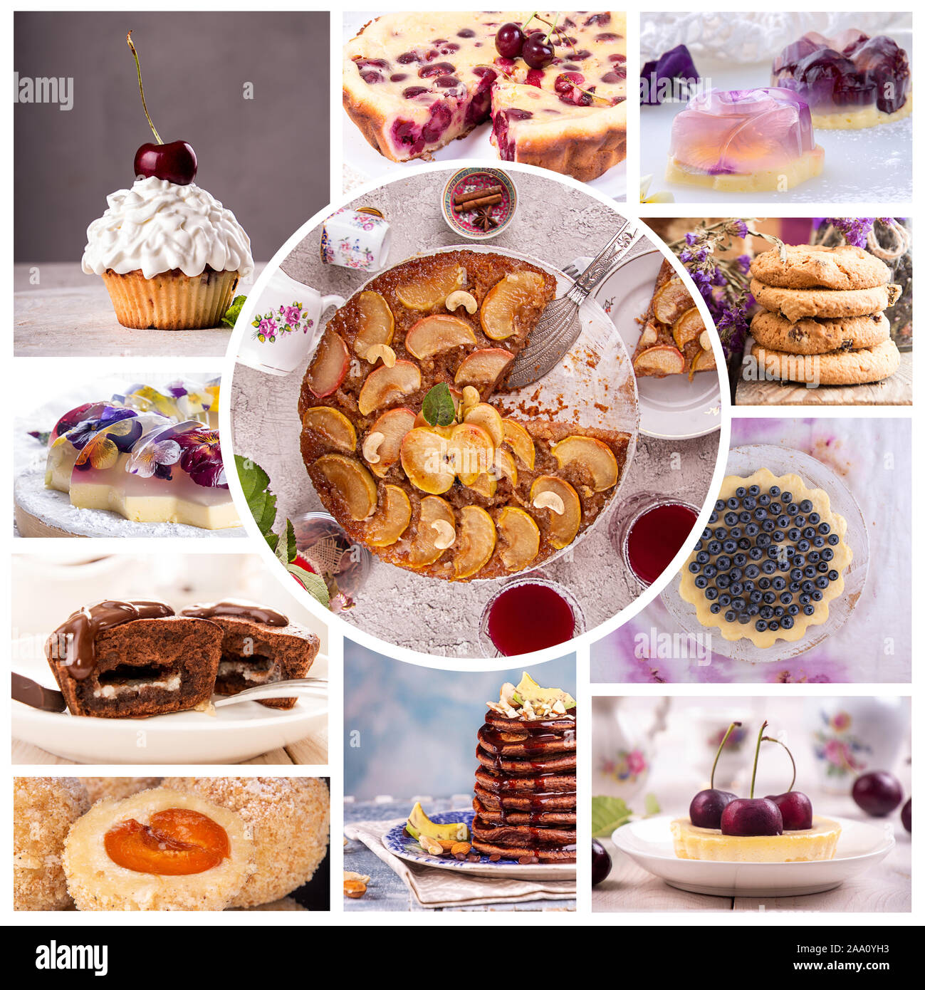 Food set collage of various pictures of pastry sweet pie cake muffin ...