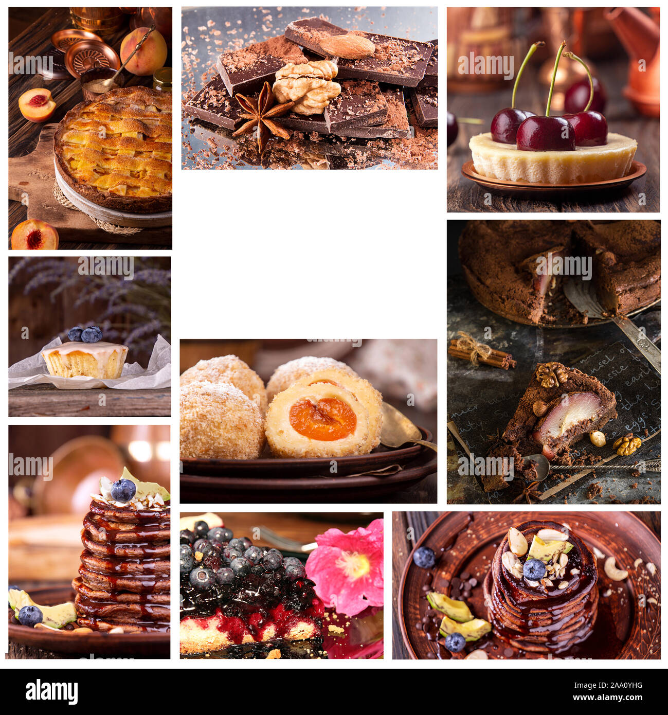 Food set collage of various pictures of pastry sweet pie cake muffin ...