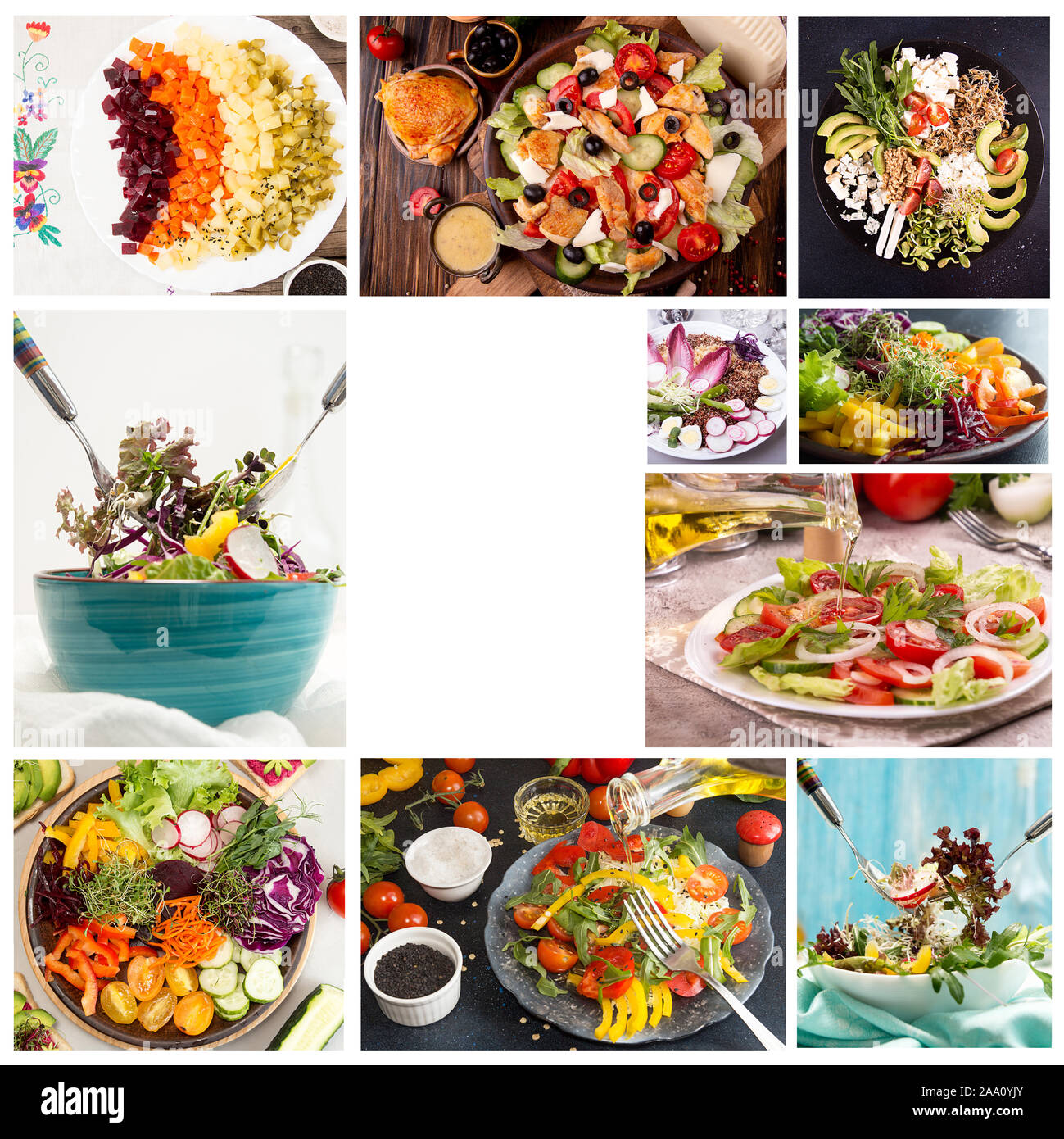 Food set collage of various pictures of salad vegetarian with ...