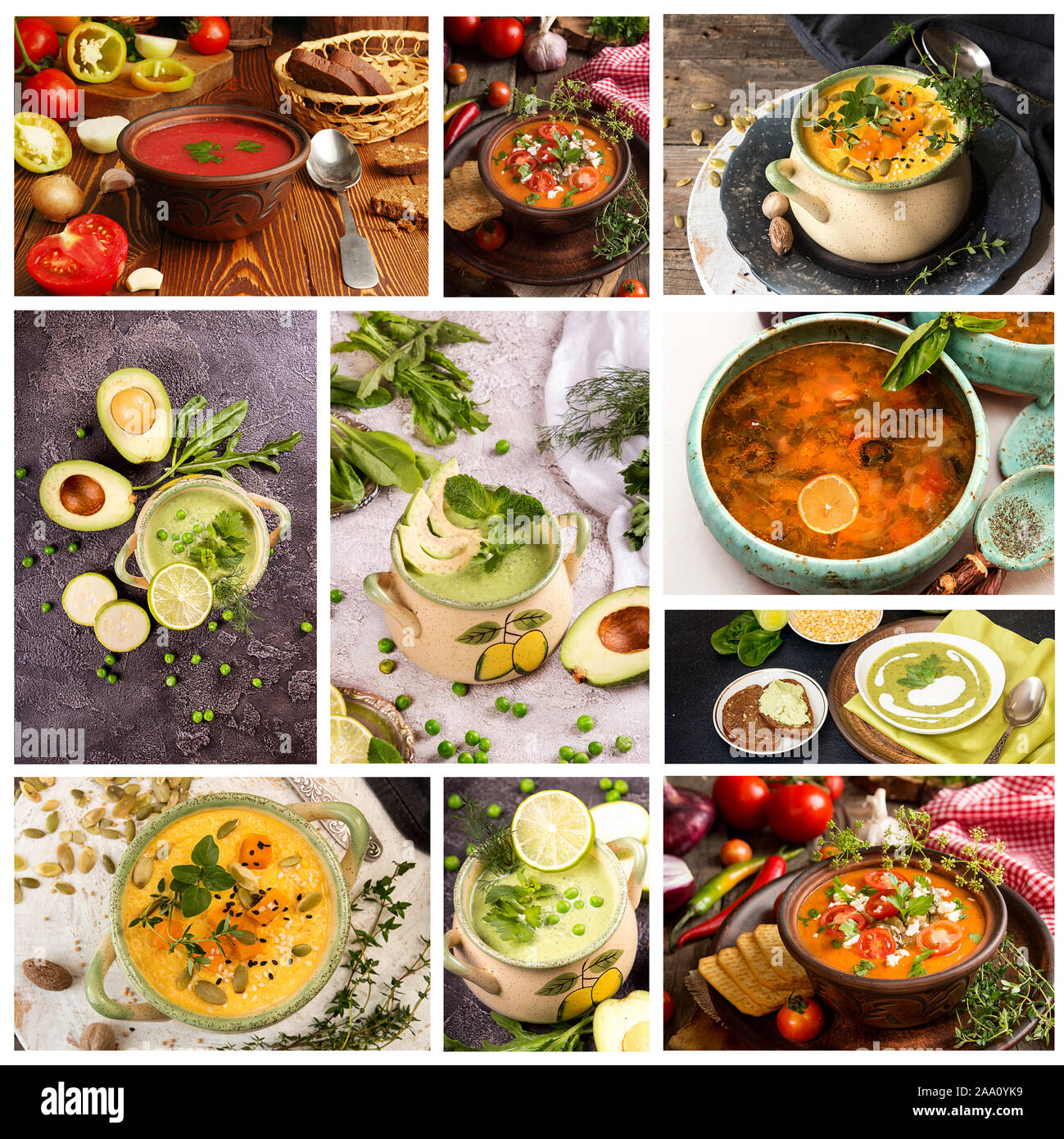 Food set collage of various pictures of healthy vegetarian soup ...