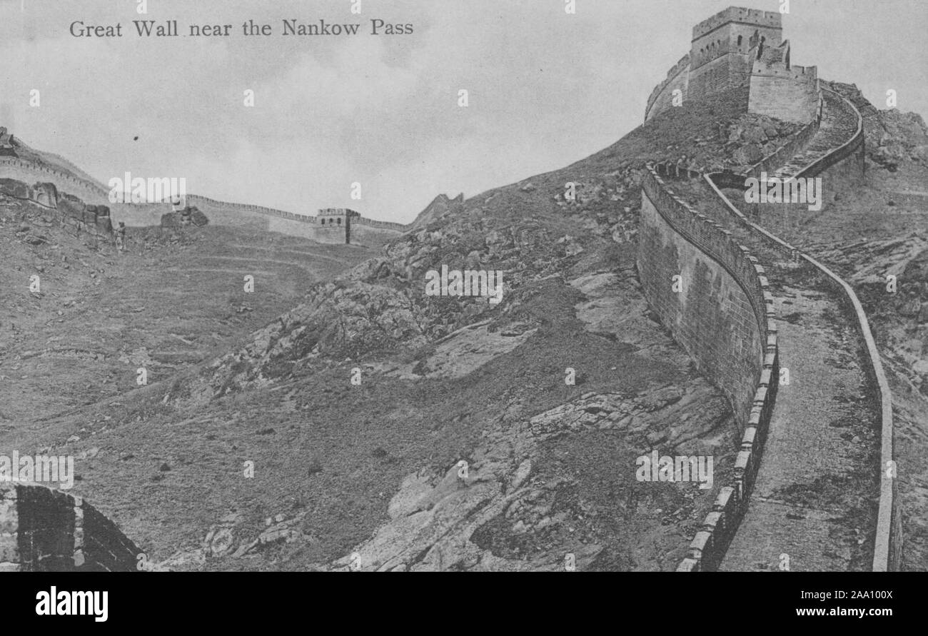 Engraved postcard of the landscape view of the Great Wall and its watch ...