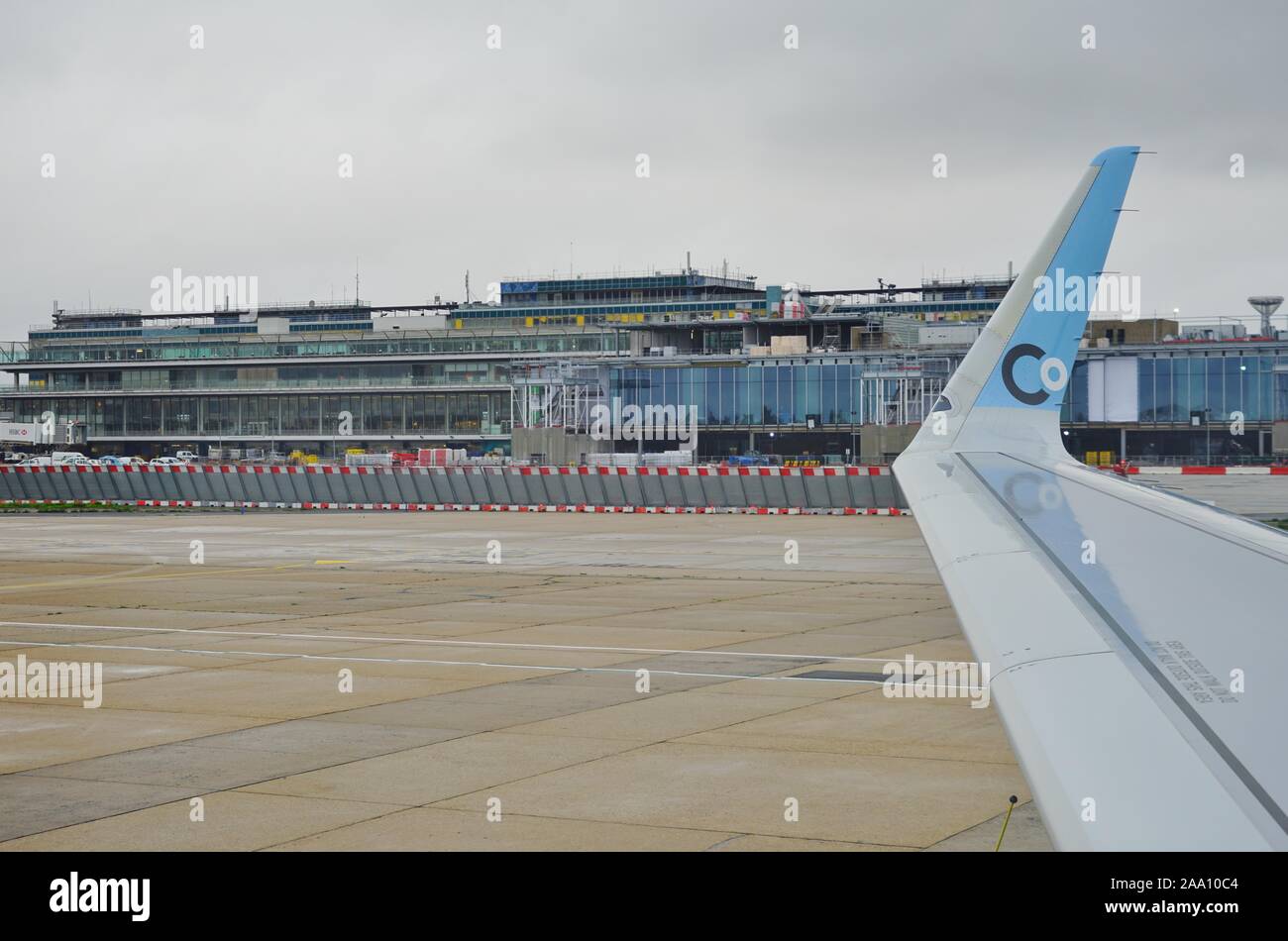 ORLY, FRANCE -16 NOV 2019- View of the blue and white winglet of an ...