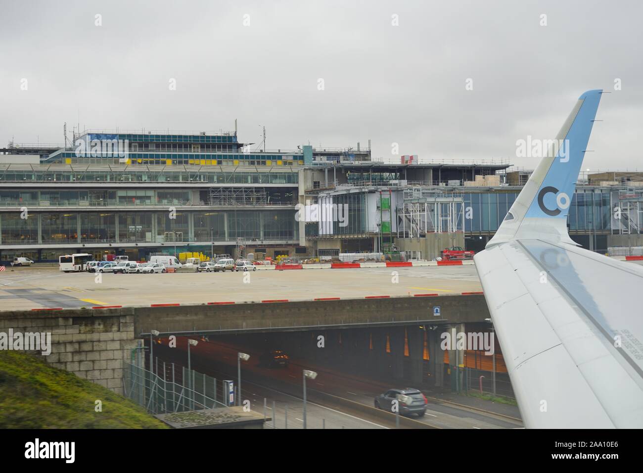 ORLY, FRANCE -16 NOV 2019- View of the blue and white winglet of an ...