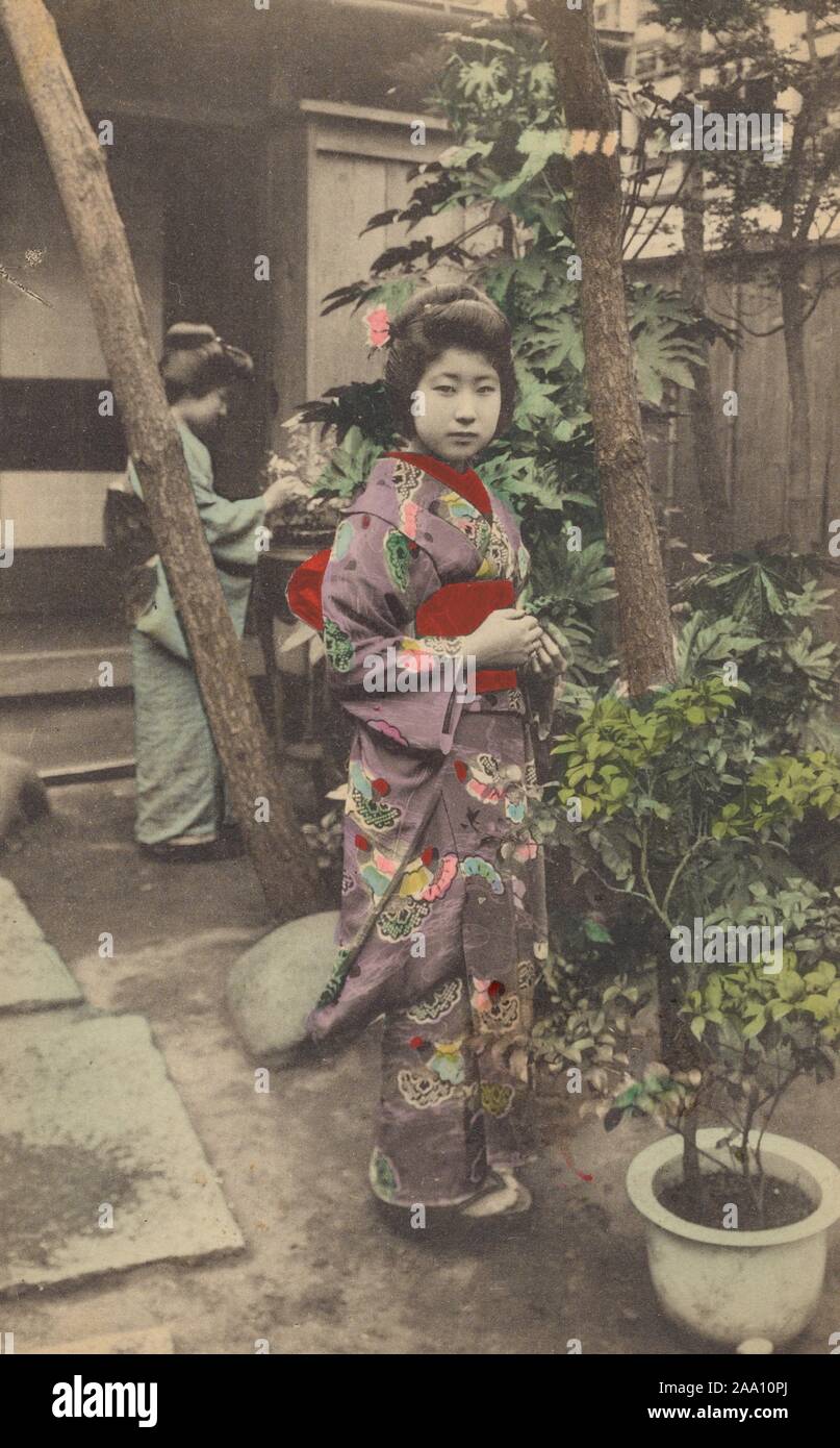 Illustrated postcard of two maiko dressed in a traditional Japanese ...