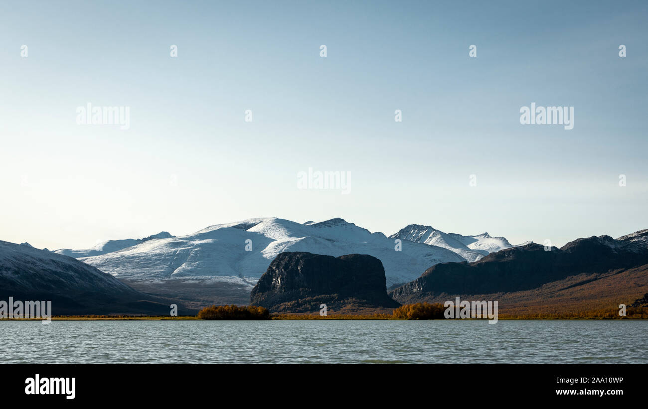 Arctic landscape with lake and mountains at Sarek National Park Lapland ...