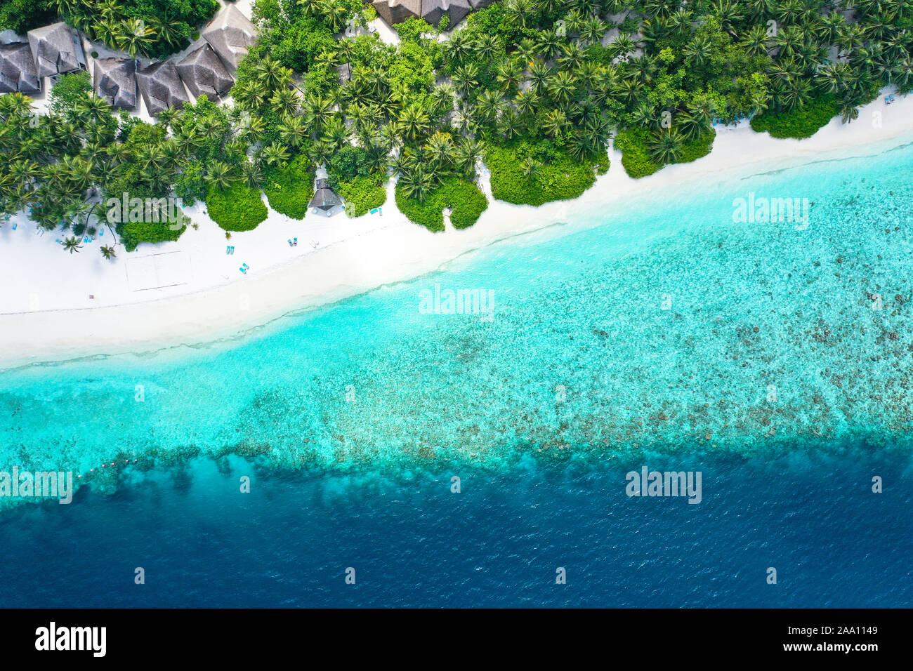 Aerial top down view with drone of an tropical exotic island paradise ...