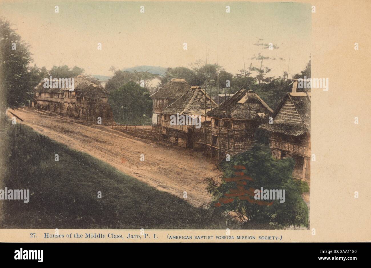 Illustrated postcard of thatched roof houses along a dirt road, Jaro ...