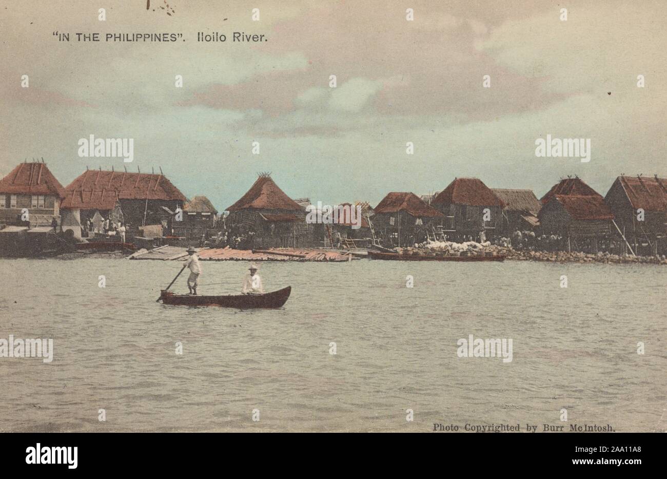 Illustrated postcard of a boat with two fishermen floating along Iloilo ...