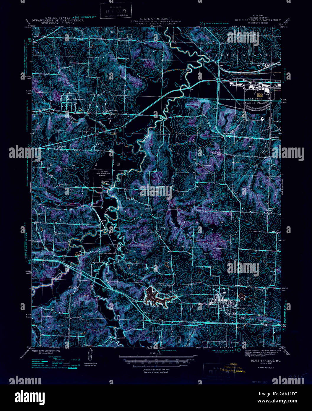USGS TOPO Map Missouri MO Blue Springs 324598 1947 31680 Inverted ...