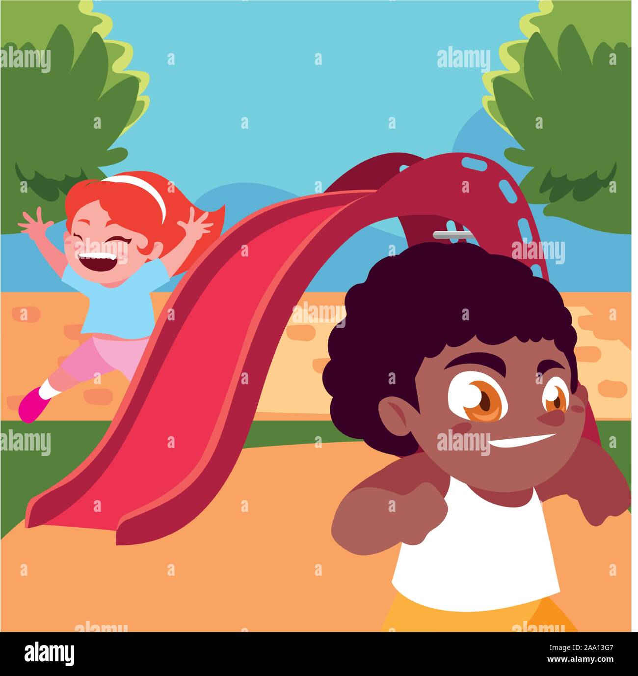 Happy kids playing on slide Cut Out Stock Images & Pictures - Alamy