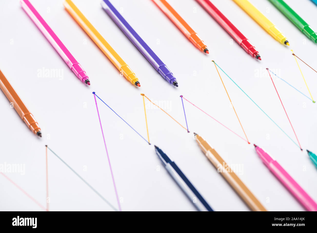 colorful felt-tip pens on white background with connected drawn lines ...