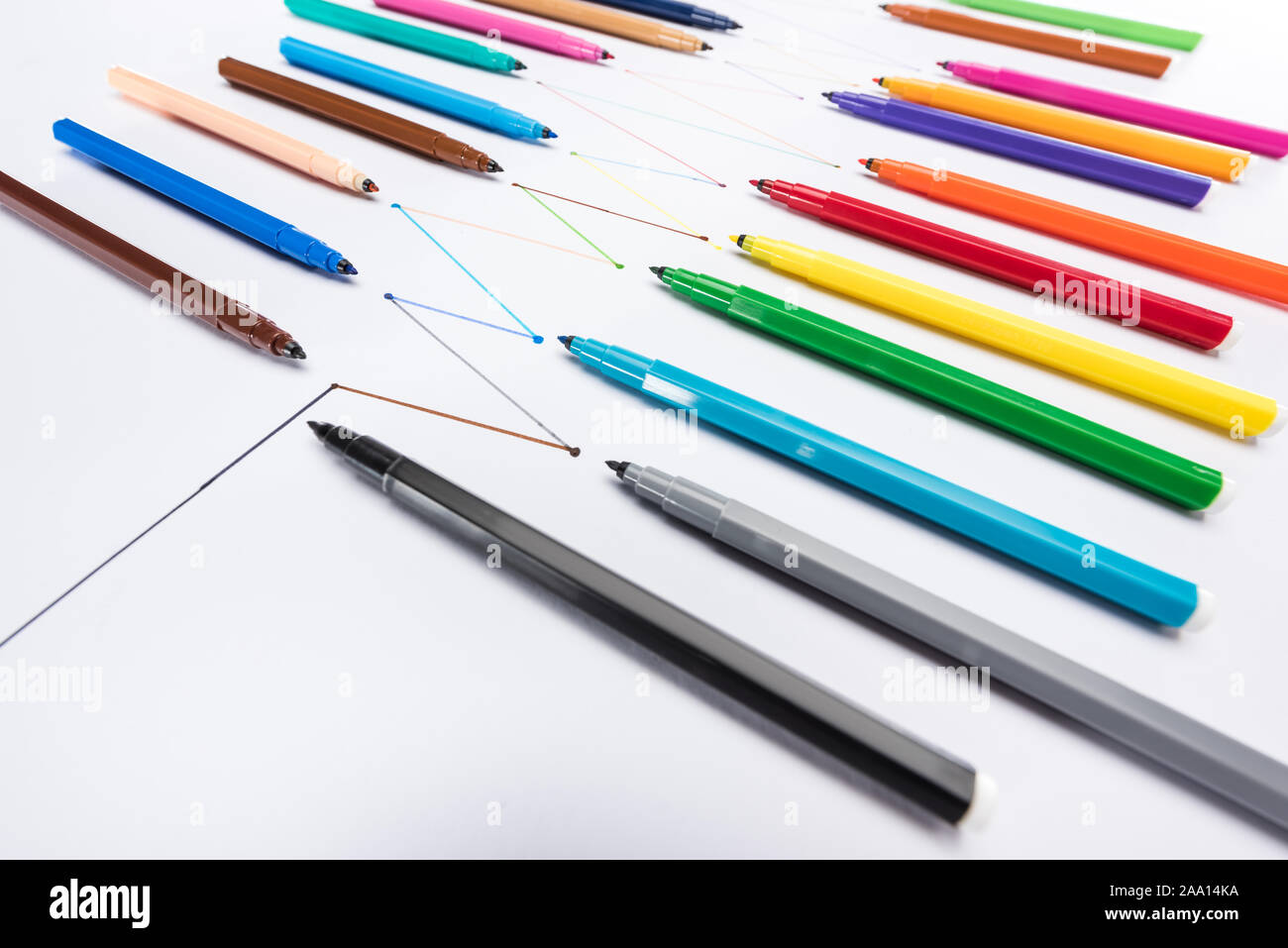 multicolored felt-tip pens on white background with connected drawn ...
