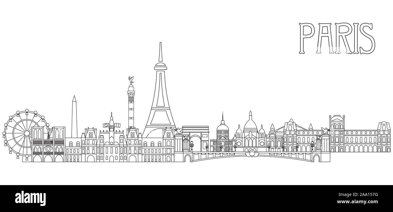 Panoramic line art style Paris City Skyline vector Illustration in ...