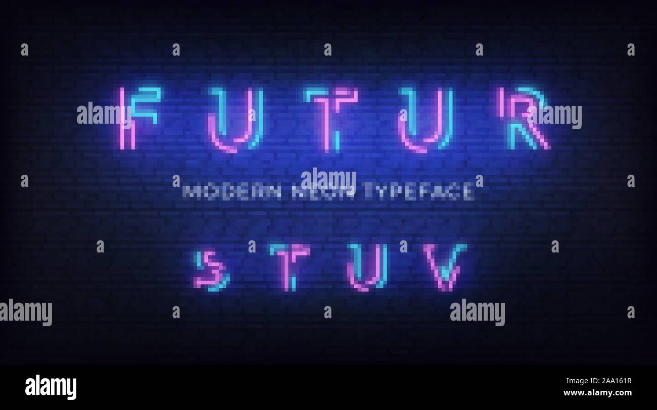 Neon light alphabet font. Glowing neon illuminated 3d modern typeface ...