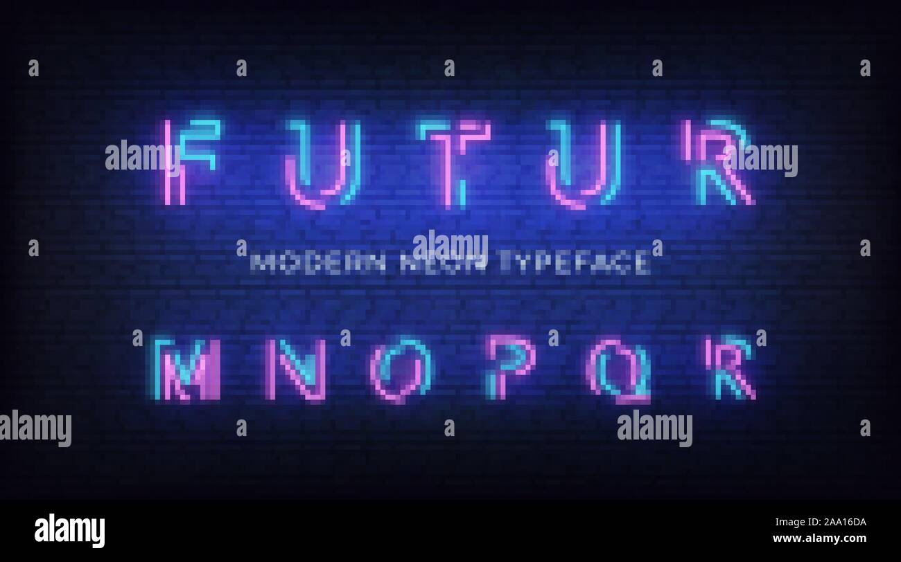 Neon light alphabet font. Glowing neon illuminated 3d modern typeface ...