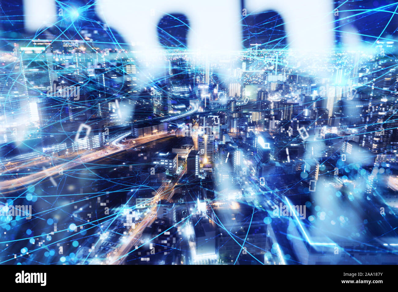 Fast internet connection in the city at night. Concept of technology ...